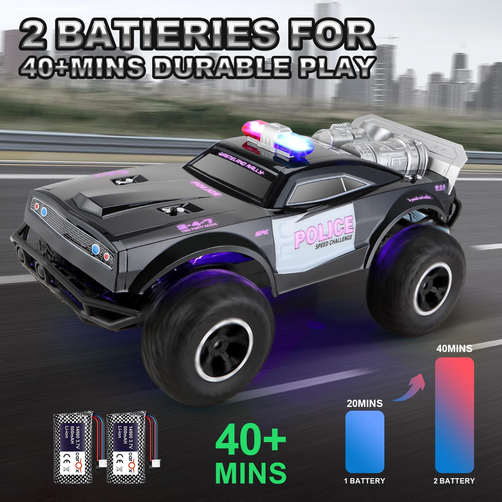 Carox Remote Control Car Large Size, 1/10 Big RC Trucks,15km/h with Two 7.4V Batteries, 2.4Ghz All Terrain Big Tires Remote Control Car, LED Headlight Buggy, Gift for 6-12 Boys,OX41