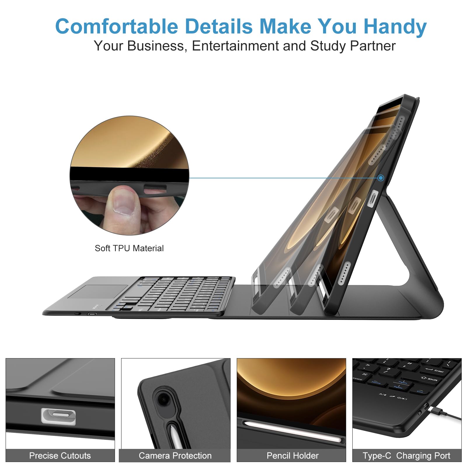 BORIYUAN Keyboard Case for All-New HD 10/HD 10 Plus Tablet 11th Generation 2021 Release 10.1",7 Colors Backlit Detachable Keyboard Slim Folio Smart Cover for HD 10/10 Plus 2021- Black