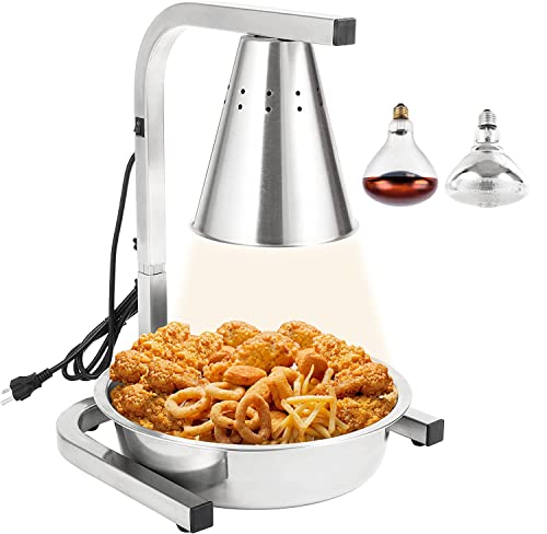 Restlrious Food Heat Lamp Freestanding Commercial Portable Food Warmer, Stainless Steel 120V Electric Food Heat Lamp with Red & Clear Bulbs and 1 Round Food Pan for Food Service, Fan-Shaped Lampshade