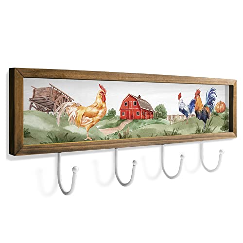 Knot and Style Rooster Decor Wall Art - Chicken Kitchen Decor (4 x Towel/Coat/Key Hooks) Made from Wood 3.5 x 16.9 & Wall Mounting Screws Country Kitchen Decor - Rooster Kitchen Decorations