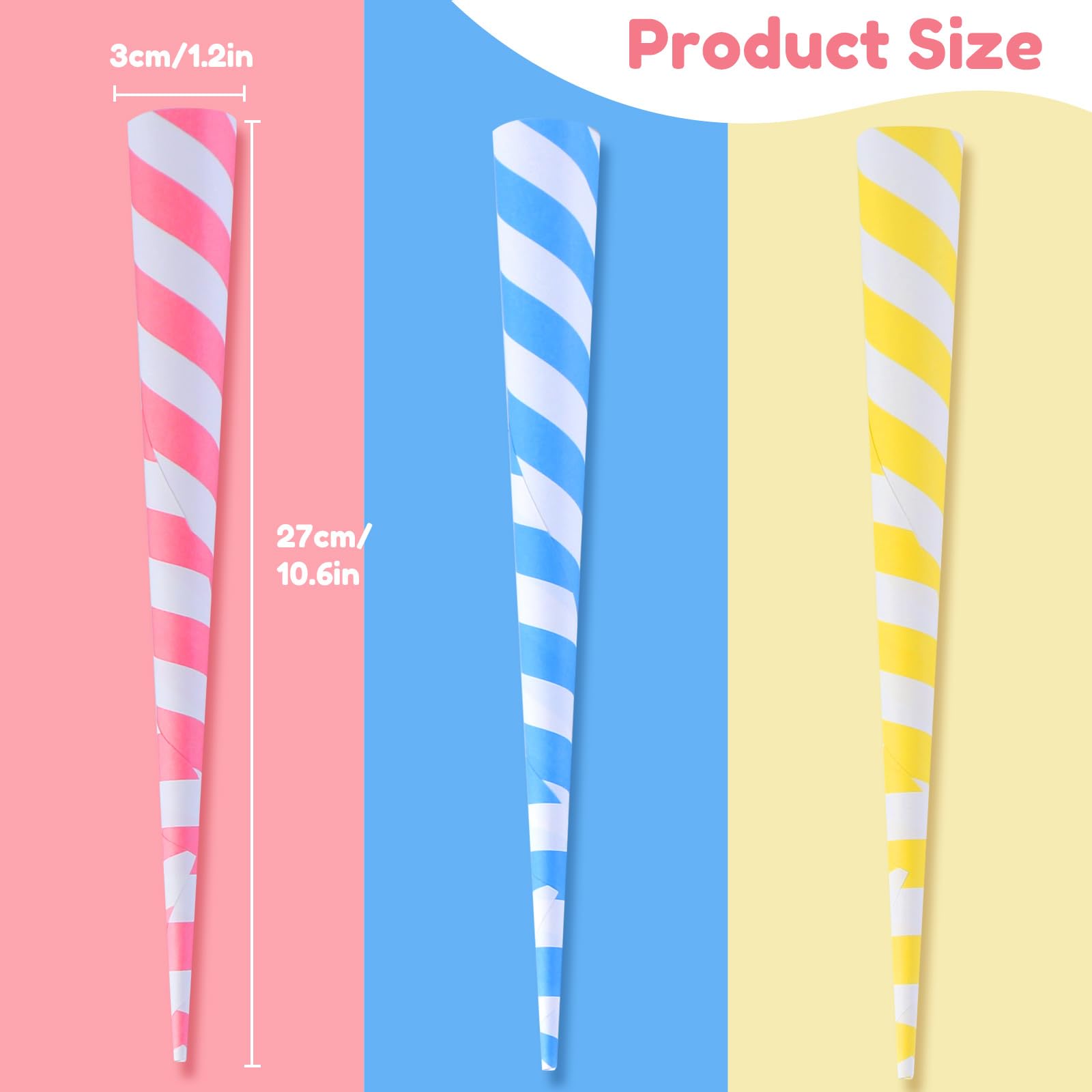 Cotton Candy Cones 60PCS, Multicolor Cotton Candy Paper Cones for Cotton Candy Making, Candy Making Supplies, Colorful Sticks for Birthday,Parties,Festivals (Blue/Pink/Yellow)