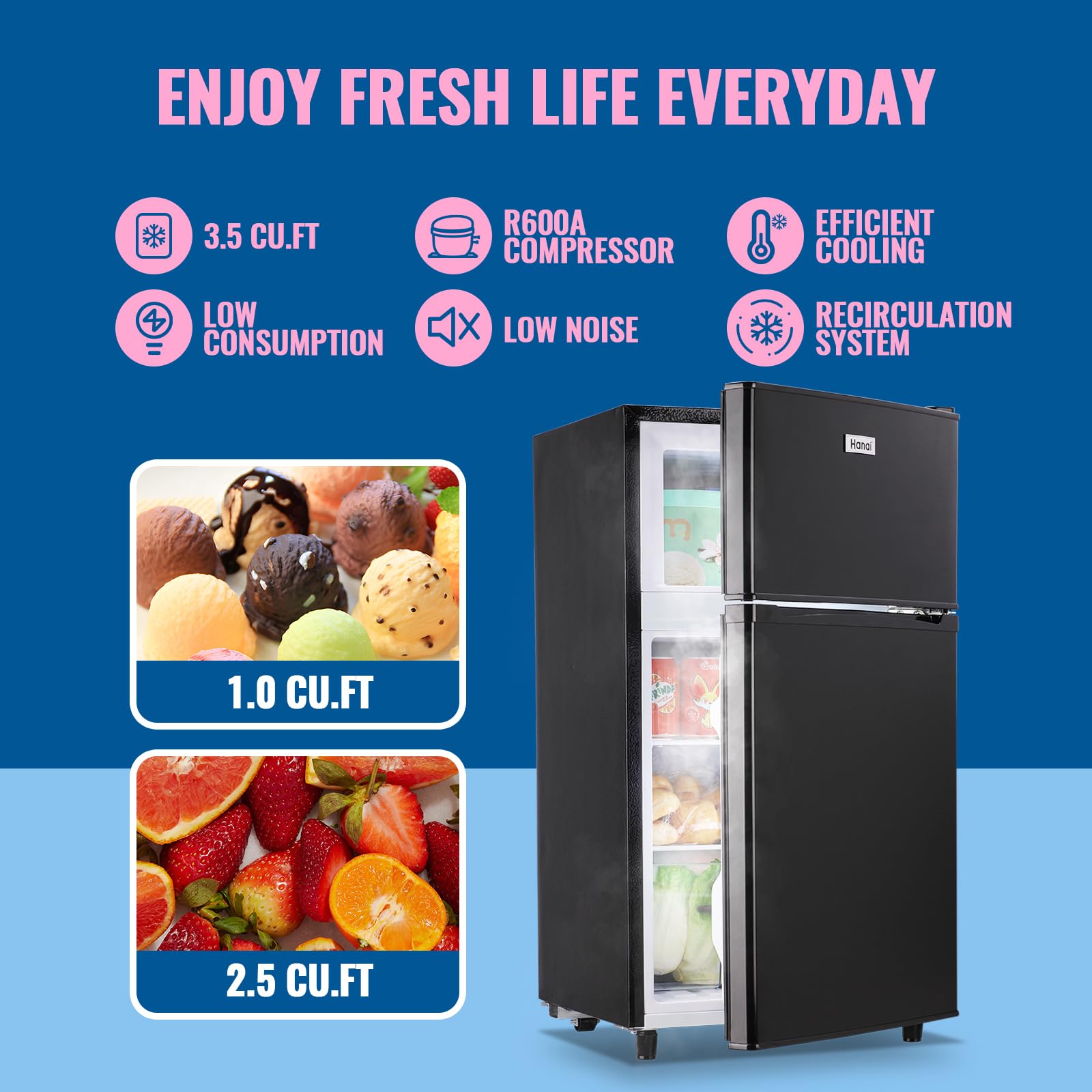 WANAI Double Door Small Refrigerator with Freezer-on-top, 3.5 Cubic Feet Mini Fridge with 7-Level Adjustable Thermostat for Office, Dorm, Bedroom, Home and Apartment, Black