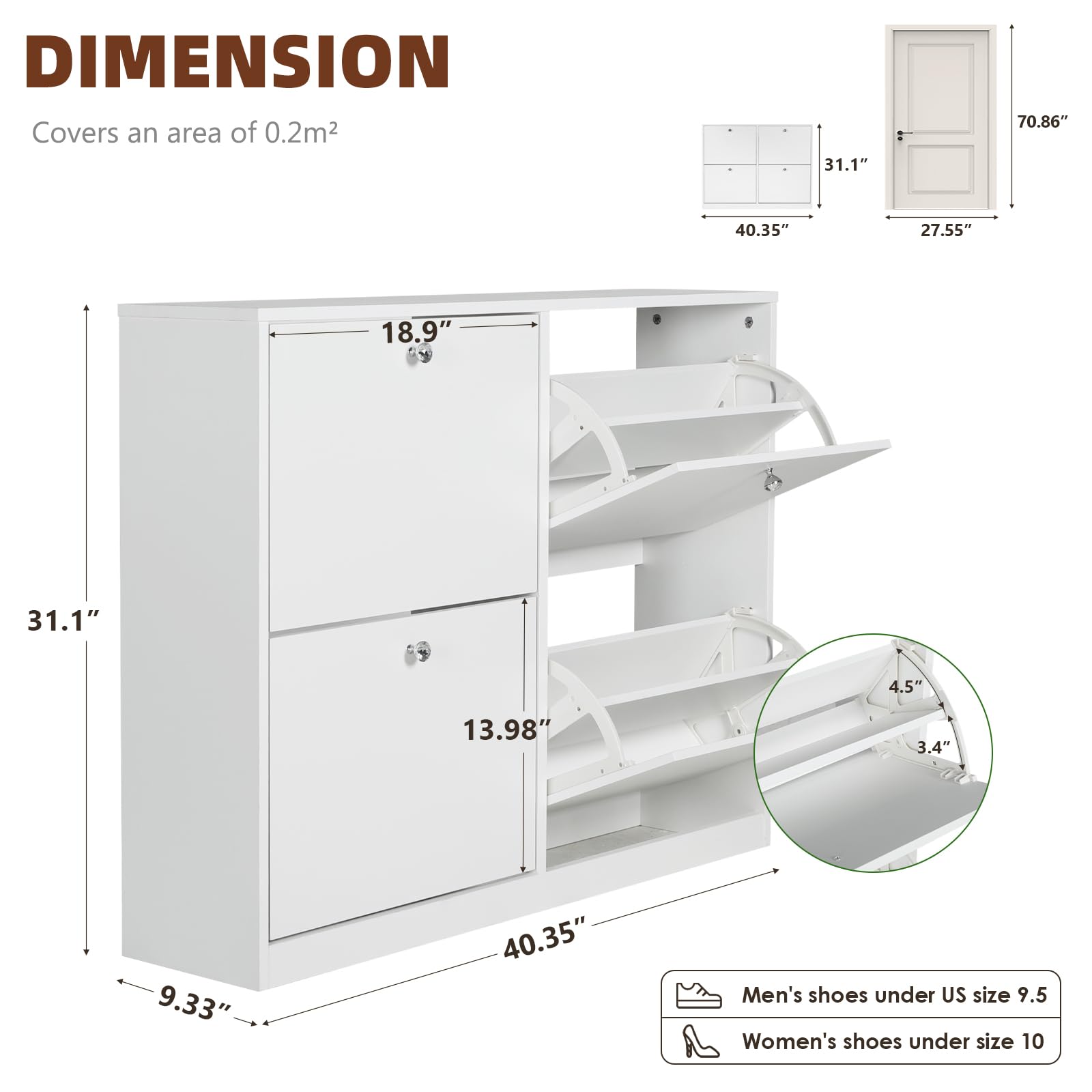 Deipto Shoe Storage Cabinet for Entryway, 3 Tier Wood Shoe Organizer Cabinet with Flip Drawers & Lnduction Led Light, White Narrow Hidden Shoe Rack Cabinet for Front Door Entrance (White, 4-Drawers)
