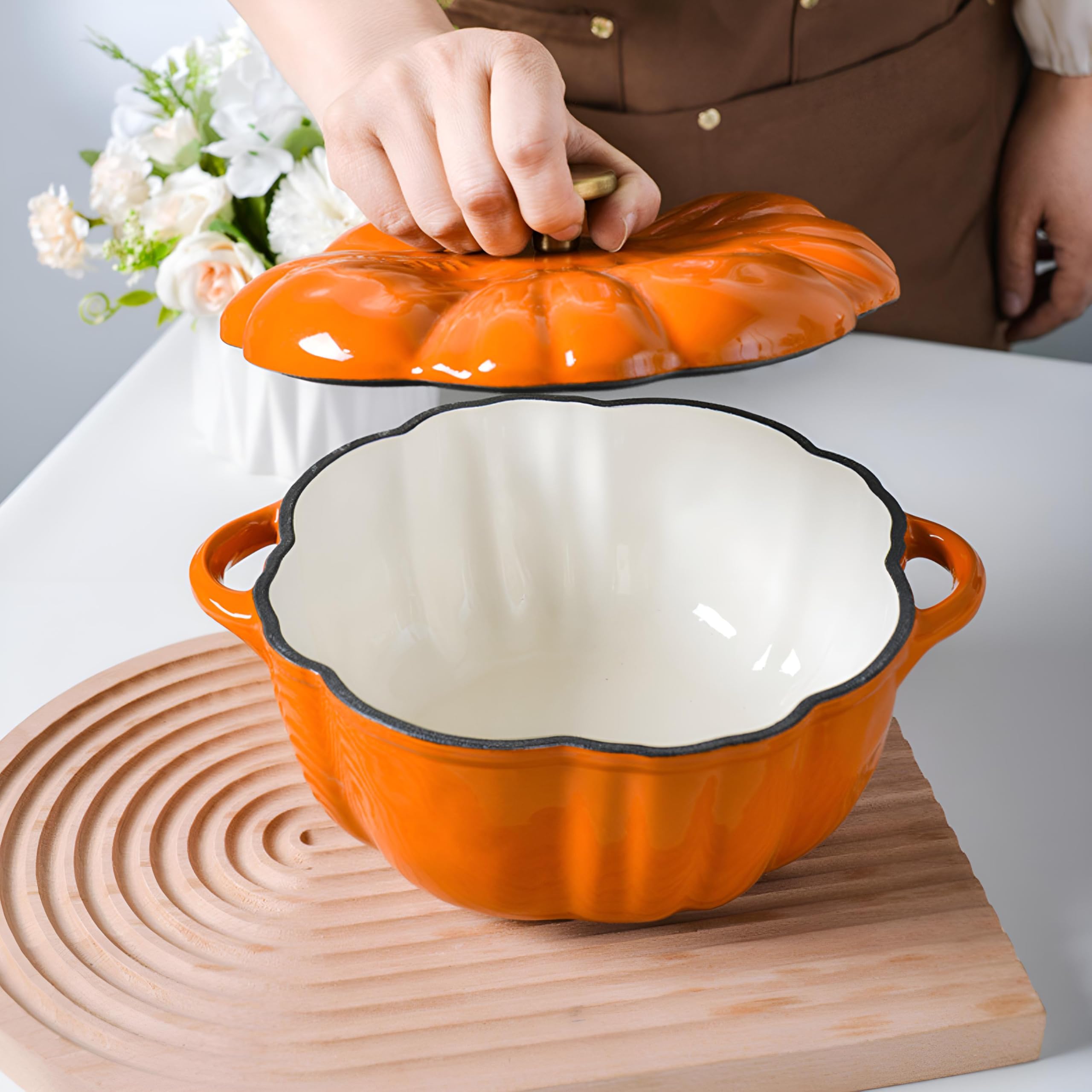Enameled Cast Iron Dutch Oven with Lid, 1.5 qt Pumpkin Shaped Pot for Versatile Cooking,Pumpkin Dish with Big Dual Handles,Oven & Stove Safe (Orange)