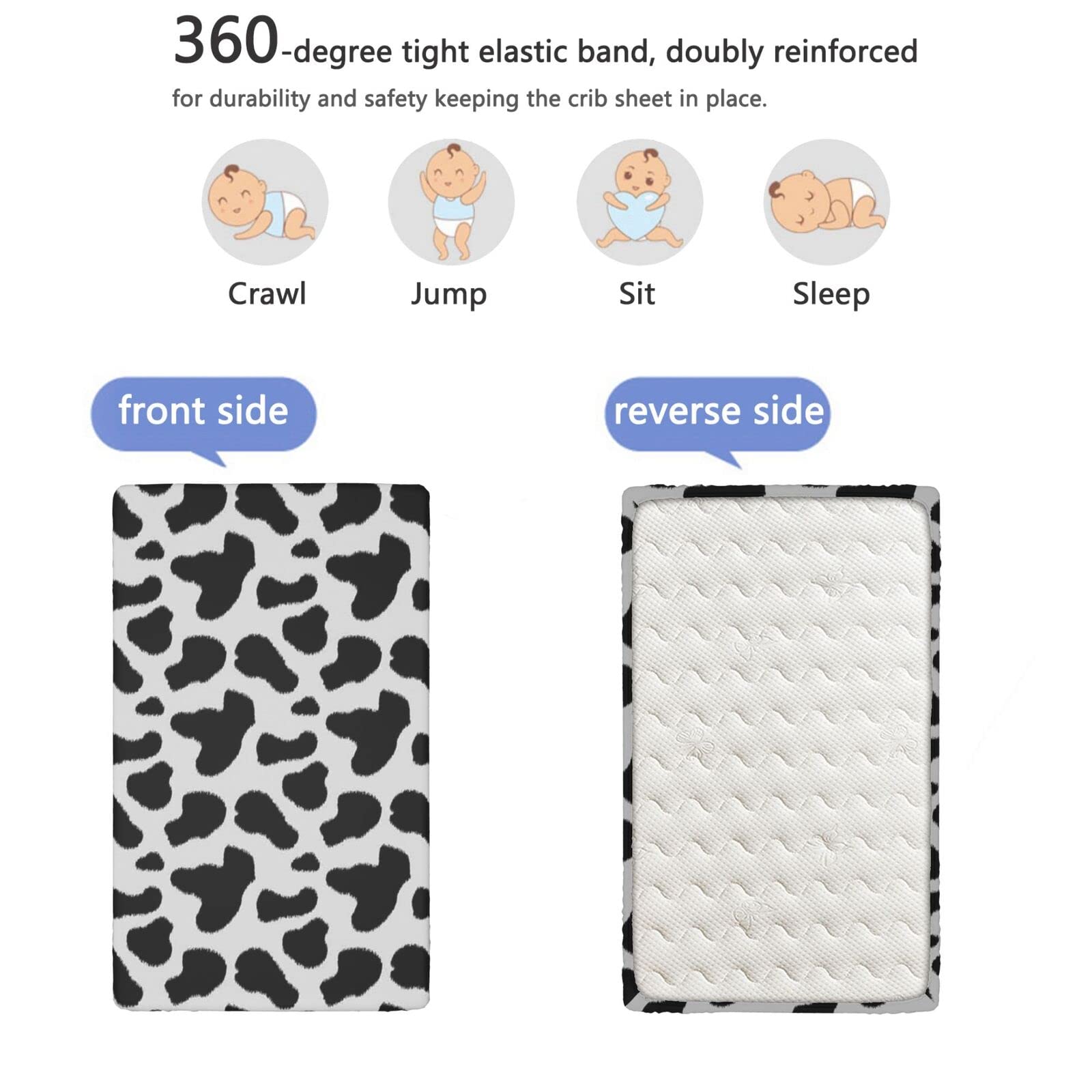Cow Print Themed Fitted Mini Crib Sheets,Portable Mini Crib Sheets Soft & Stretchy Fitted Crib Sheet -Great for Boy or Girl Room or Nursery,38β x24β,Charcoal Grey White