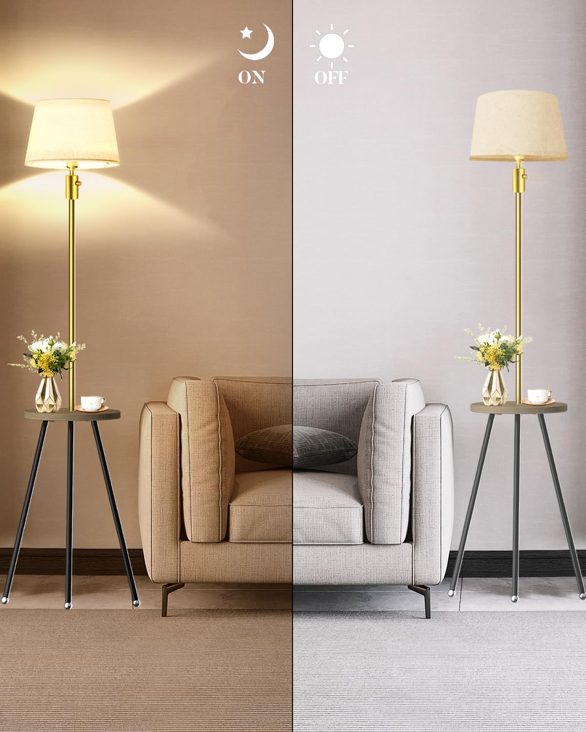 bulbeats 61IN Dimmable Floor Lamp with Shelves, Display Shelf Floor Lamp with Fabric Shade, E26 Bulb, Corner Storage Standing Tall Lamp for Living Room, Bedroom, Office, Bedside
