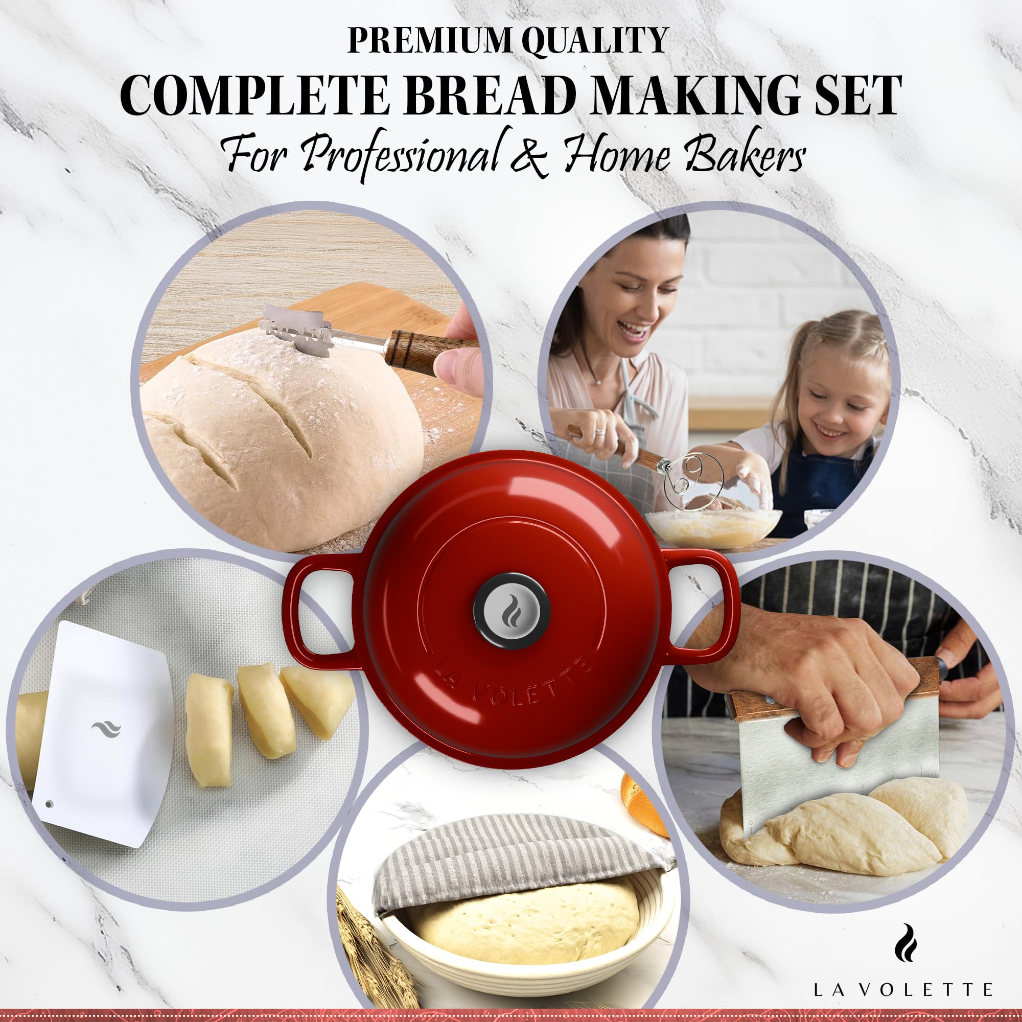Enameled Cast Iron Bread Pan With Lid 9 Piece Complete Bread Baking Set | Dutch Oven for Bread Baking | 10 Inch Bread Oven with Lid | Thick Enamel | Silicone Baking Mat | Banneton | 6 Quart (Blue)