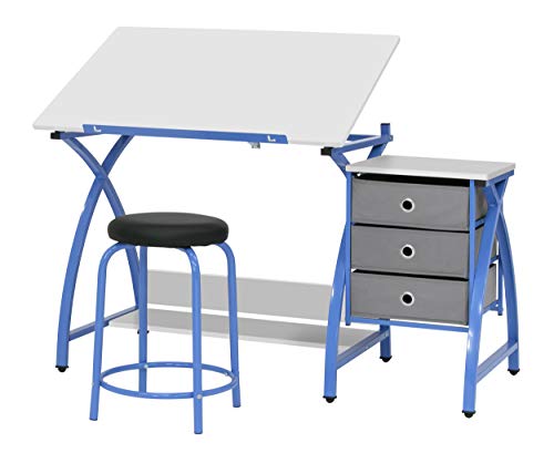 SD STUDIO DESIGNS 2 Piece Comet Center Plus, Craft Table and Matching Stool Set with Storage and Adjustable Top, 50"W x 23.75"D x 29.5"H, Blue/White