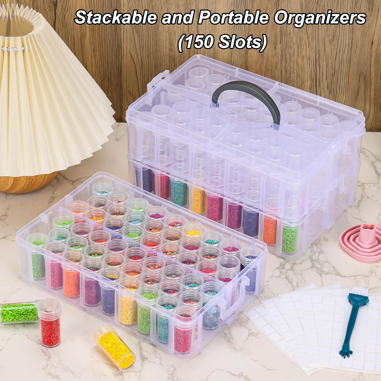 doovide 3-Tier Diamond Painting Storage Container, 150 Slots Portable Bead Organizer Box, Stackable Crafts Organizers for DIY Diamond Art Craft Jewelry Bead Storage (150)