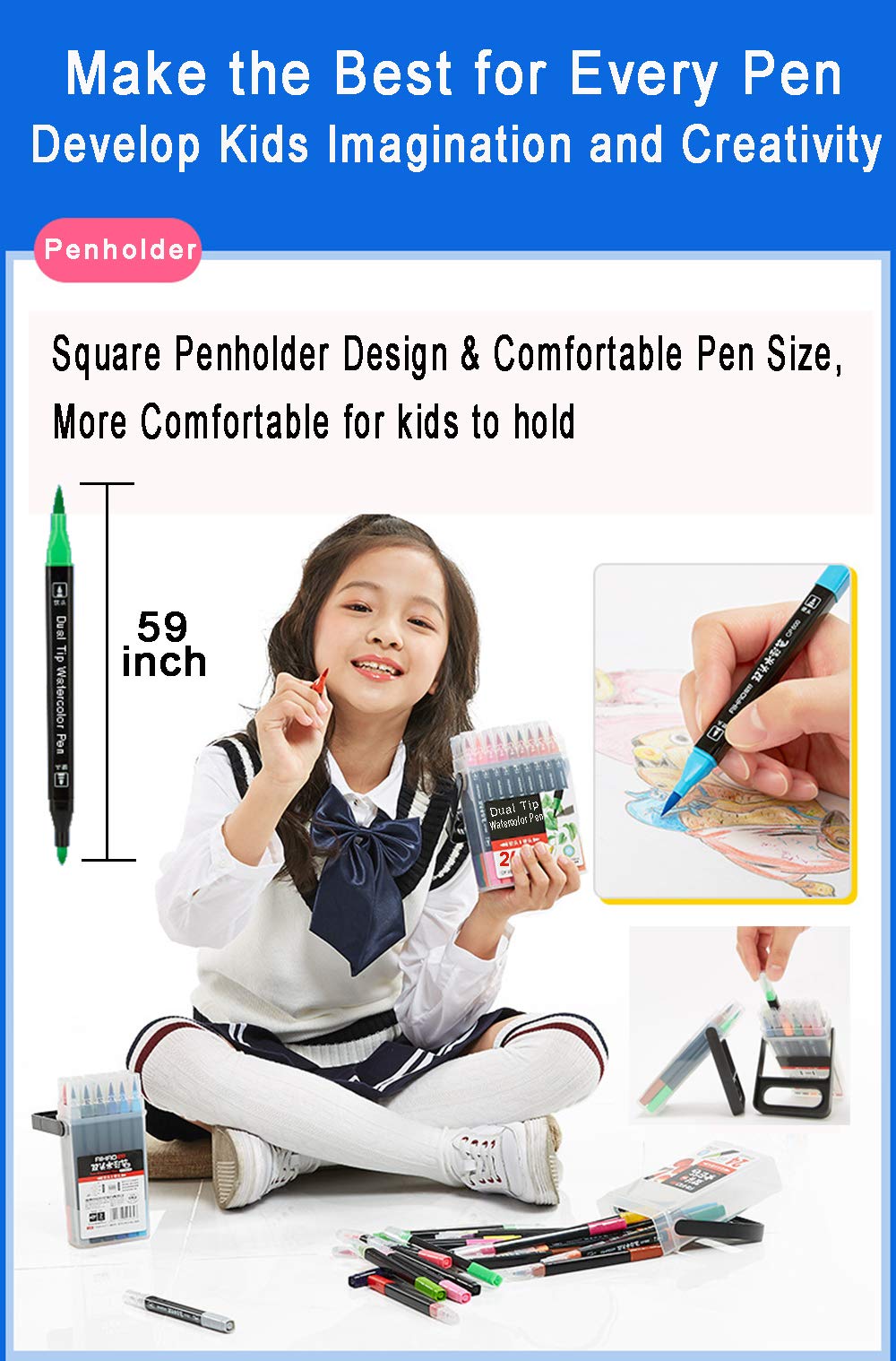Kekelele Dual Tip Markers for Kids, Washable Set, Art with Stand Portable Box, Gift For Kids (24 Colours)