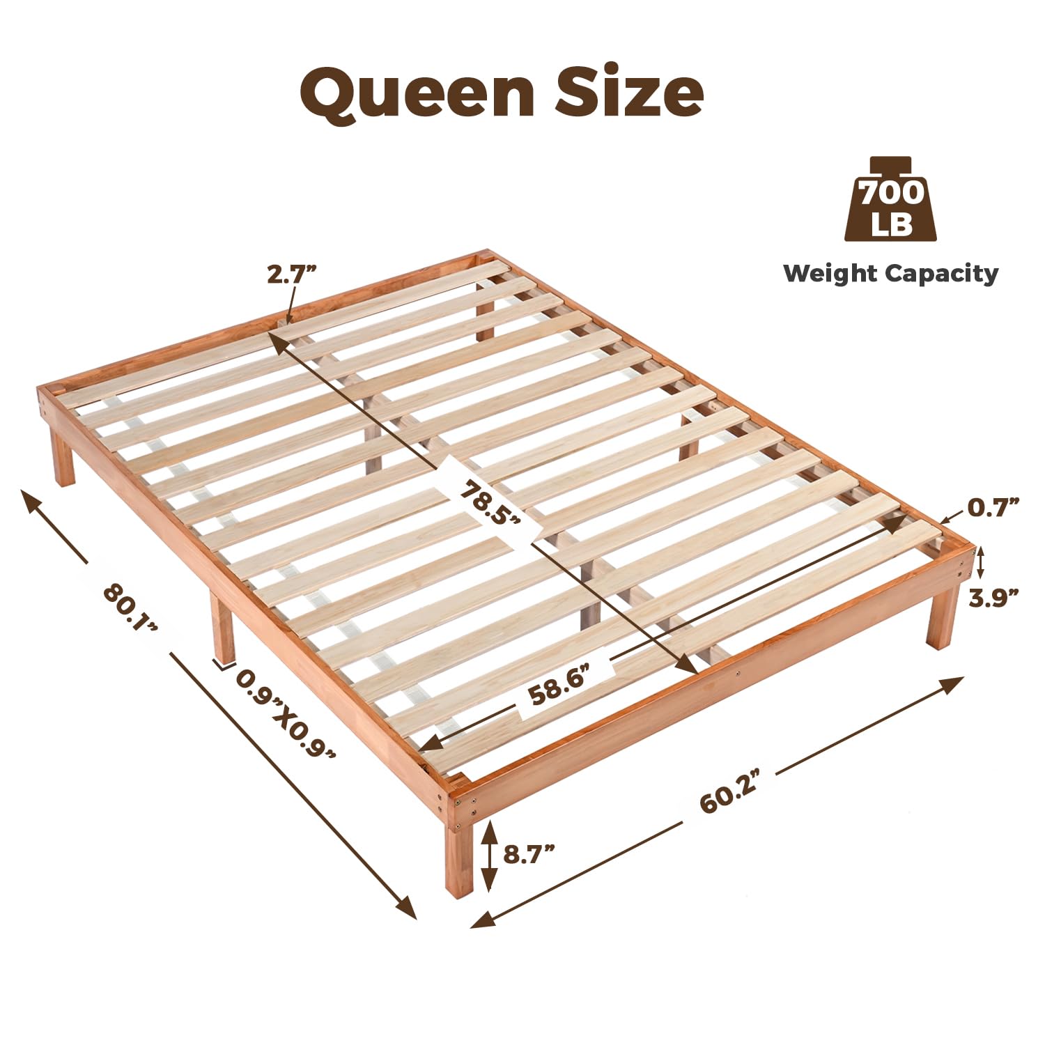 DELAVIN Solid Wood Platform Bed Frame, Modern Queen Bedframe, Oak Wood Foundation, Wood Slat Support, No Box Spring Needed, Easy Assembly, Queen Size, Rustic Pine