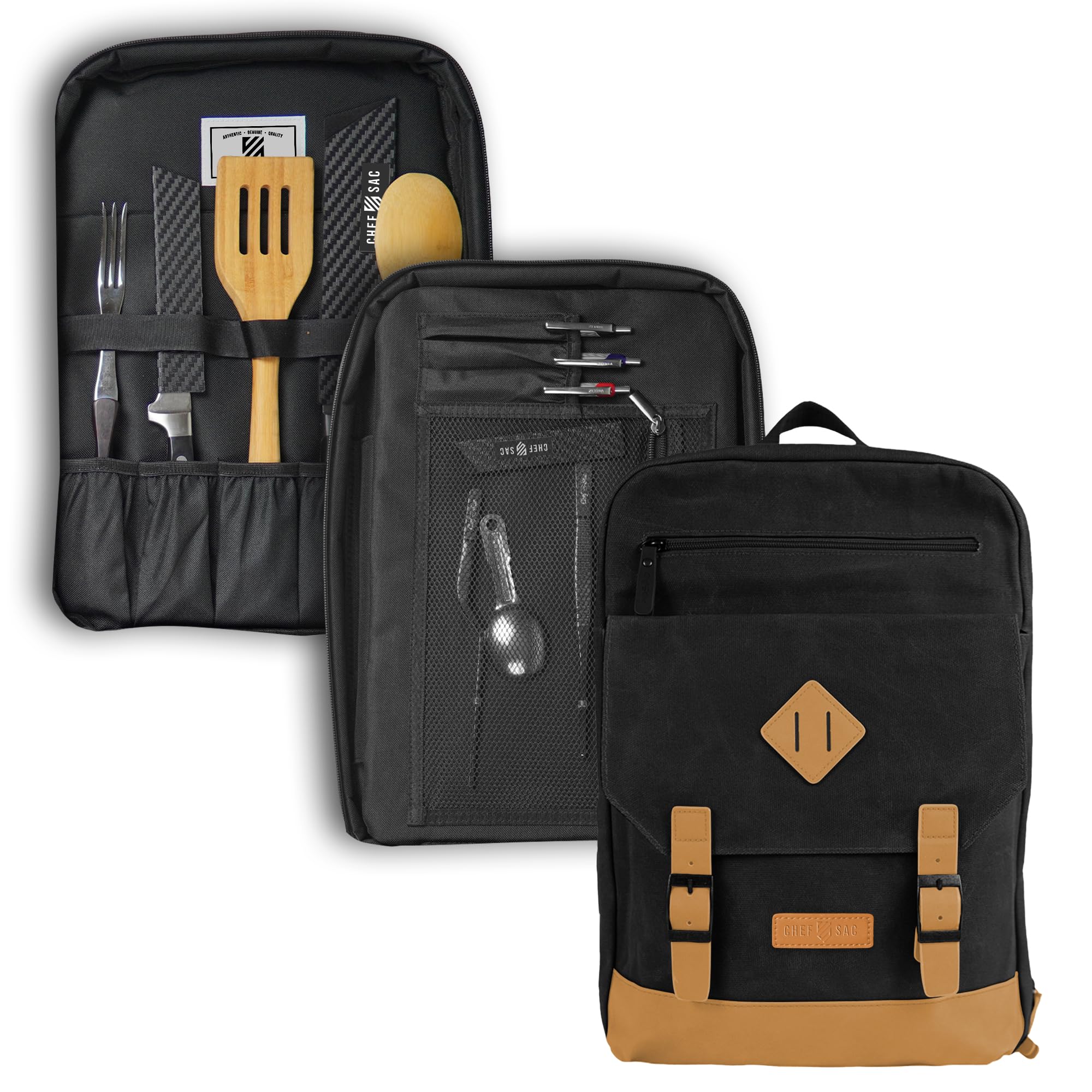Chef Sac Elite Chef Knife Bag | Vintage Waxed Canvas Daypack | 20+ Pockets for Knives & Tools | Slots for Cleaver & Honing Rod | Water Resistant Material | Knife Organizer for Chefs (Black)