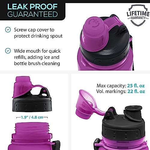Nomader BPA Free Collapsible Sports Water Bottle - Foldable with Reusable Leak Proof Twist Cap for Gym Travel Hiking Camping and Outdoors - 22 oz (Purple)