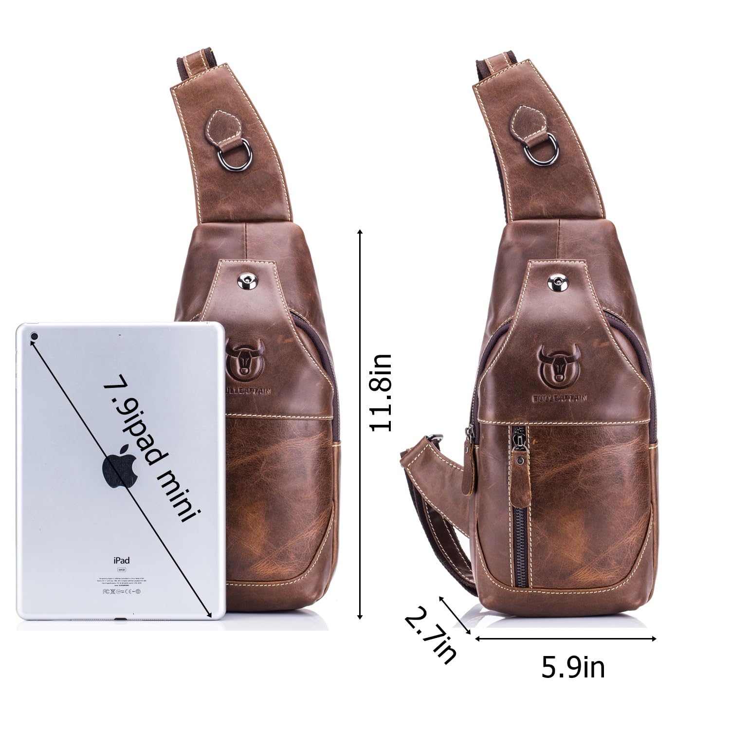 BULLCAPTAIN Leather Men's Sling Backpack Multi-pocket Crossbody Chest Bags Travel Casual Backpack with Earphone Hole (Black)