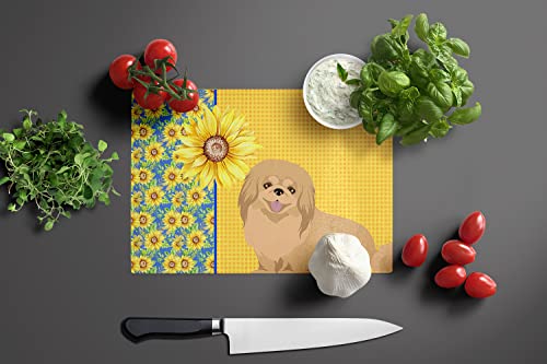 Caroline's Treasures WDK5454LCB Summer Sunflowers Gold Pekingese Glass Cutting Board Large Decorative Tempered Glass Kitchen Cutting and Serving Board Large Size Chopping Board