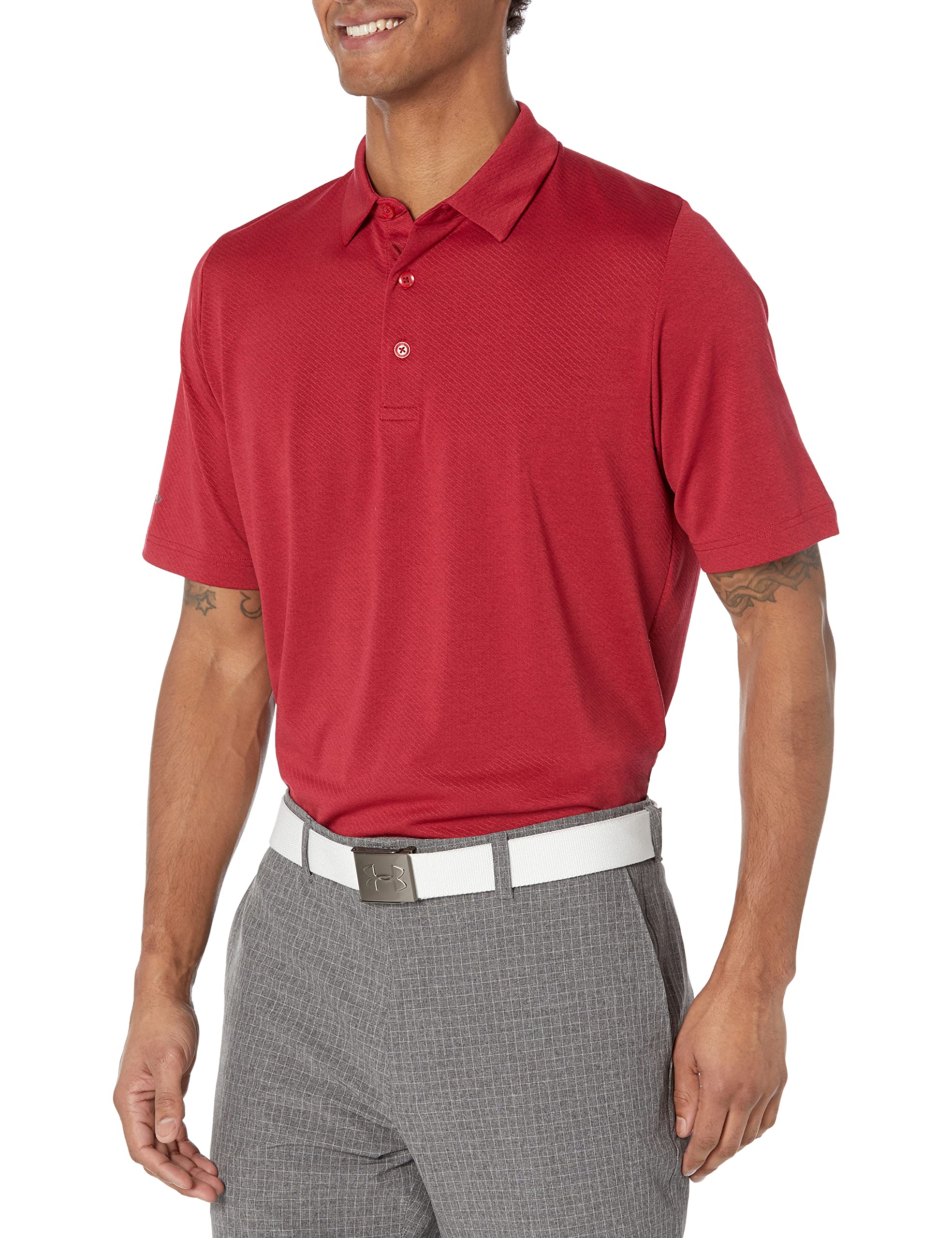 Callaway Men's Swing Tech Ventilated Heather Jacquard Short Sleeve Golf Polo Shirt, White Grey HTR, Medium