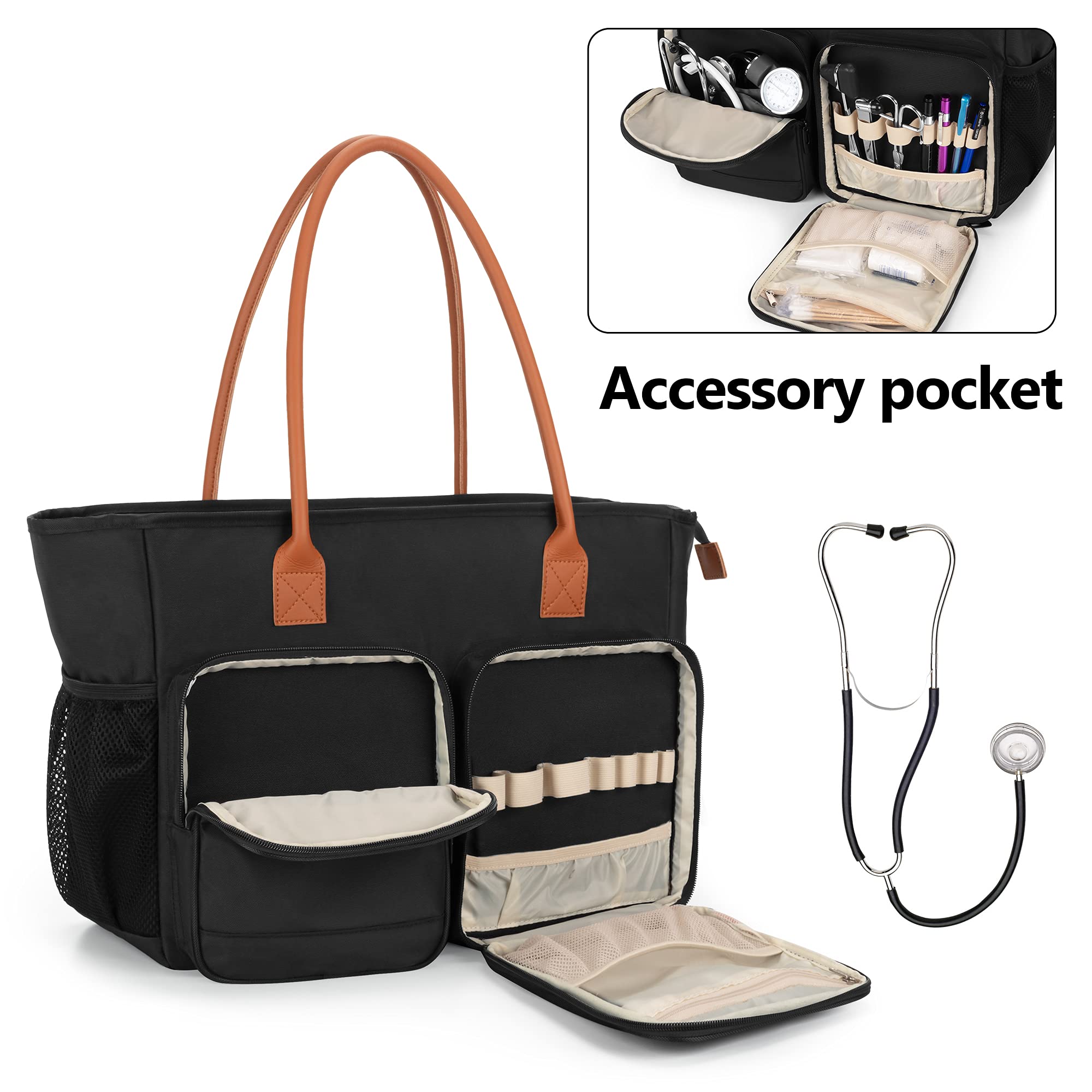 CURMIO Nurse Tote Bag, Portable Medical Bag with Padded Laptop Sleeve for Nursing Work, Home Visits, Health Service, Black (Bag Only)