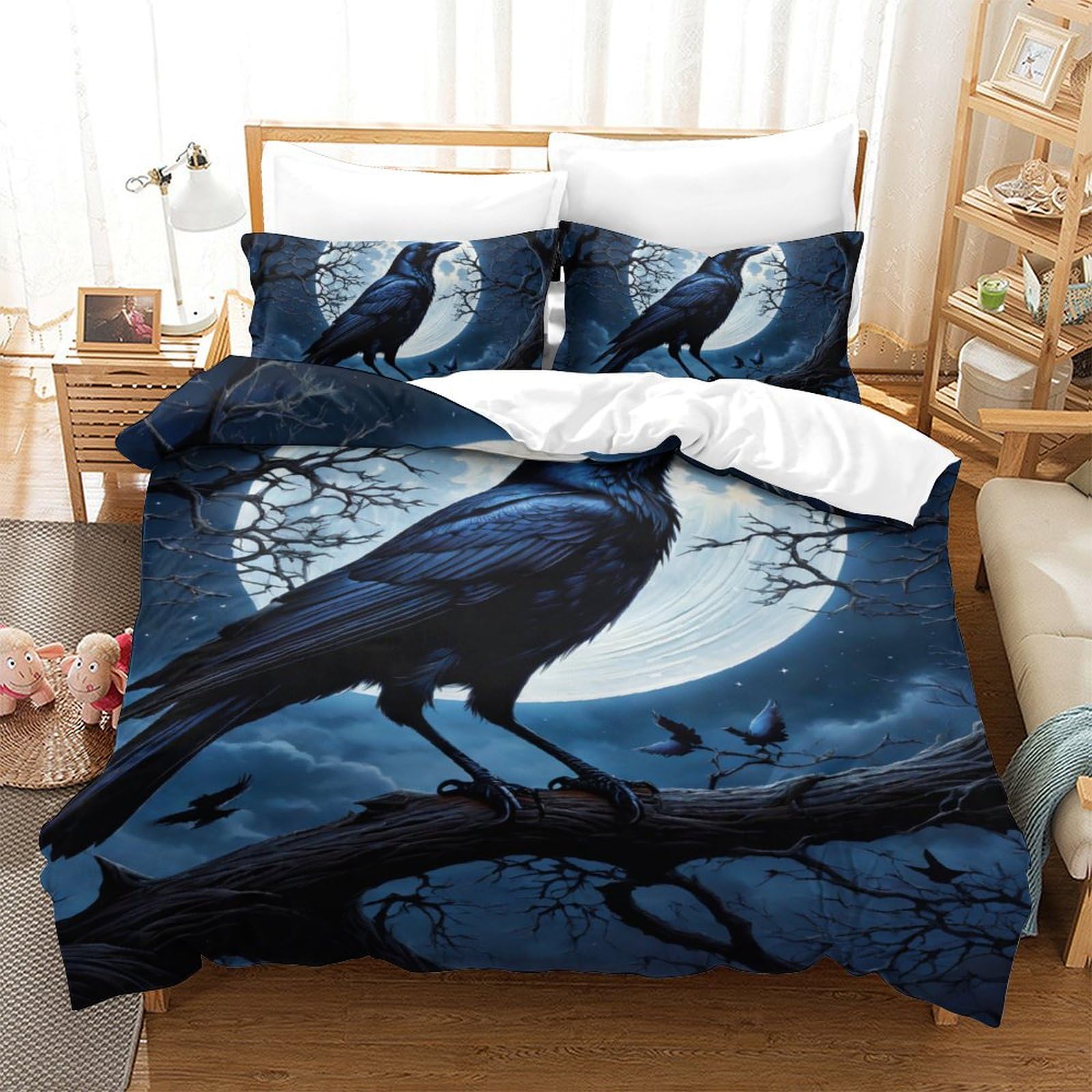 EVMILA Gothic Crow 3D Print Eerie Night for Boys Girls Quilt Cover Comforter Covers Duvet Cover Soft Microfiber with Zipper Closure with Pillow Cases Bedding Set 3 Pieces Twin(173x218cm)