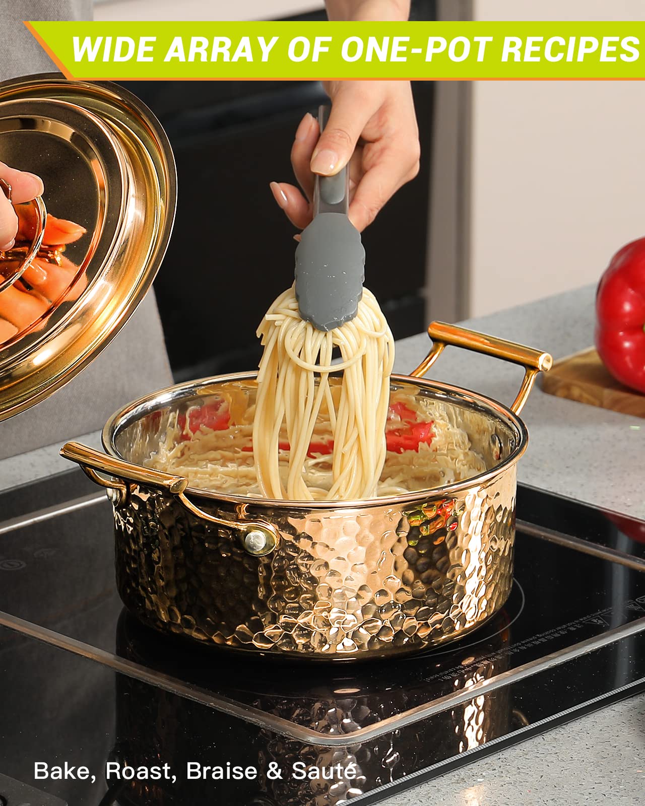 DAEDALUS 7.5QT Stainless Steel Stock Pot with Lid, 3 Triply Clad Hammered Copper Pot, Nonstick Large Stockpot for Home Kitchen Restaurant, Dishwasher Oven Safe -Gold