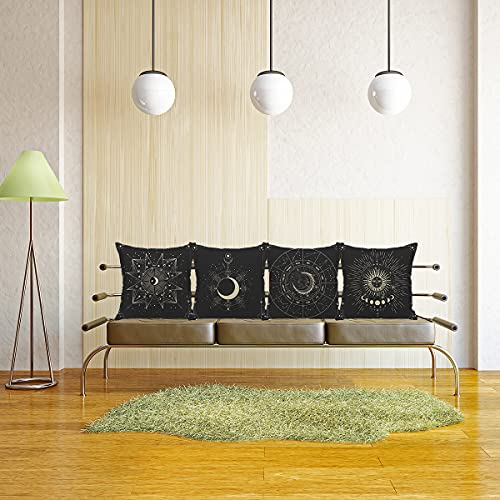 CARROLL Set of 4 Retro Sun and Moon Mandala Bohemian Style Summer Decor Square Cushion Case Decorative for Sofa Couch Patio 18 x 18 Inch