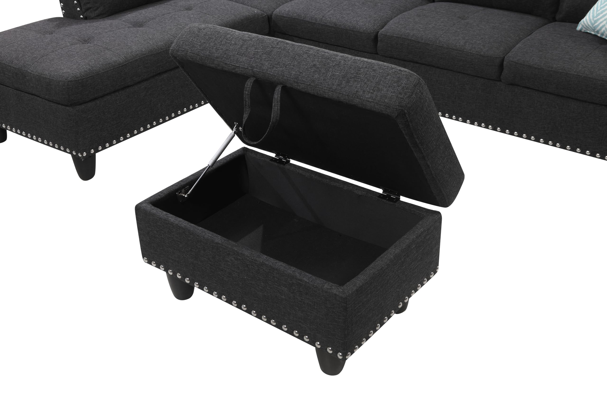 Yehha Upholstered Sofa, L-Shape Sectional Sofá with Removable Ottoman & Left Chaise, Cupholder Console & 2 Pillows, Modern Linen Couches for Apartment, Living Room, Charcoal Grey, Full