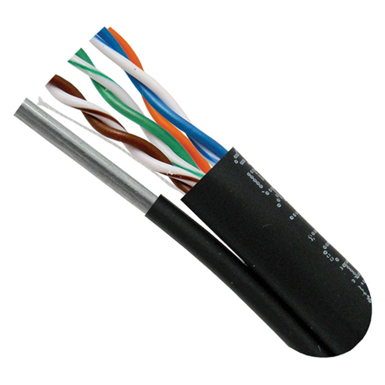 Vertical Cable Cat5e, 350 Mhz, UTP, UV Jacket, Outdoor, CMX, Messenger, 1000ft, Black, Bulk Ethernet Cable, Wooden Spool