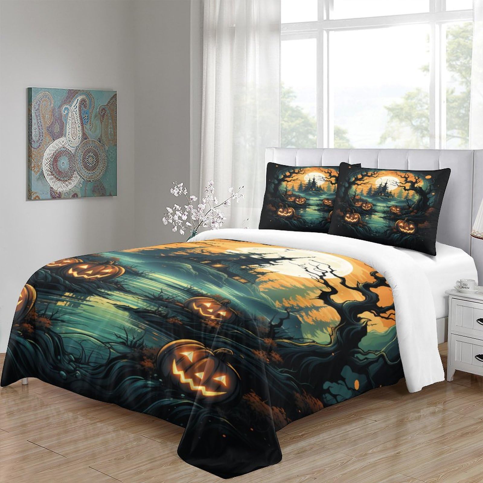 EVMILA Halloween Comforter Covers Duvet Cover Quilt Cover 3D Print Pumpkin for Teens and Adults with Pillow Cases with Zipper Closure Soft Microfiber Bedding Set 3 Pieces Queen(228x228cm)