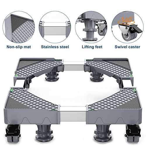 Fridge Stand Mobile Base with 4 Locking Wheels and 4 Strong Feet, 19.7β-27.5β Adjustable Furniture Dolly for Washer Dryer Washing Machine Stand Pedestal, Refrigerator Stand(KBN-10GRAY)