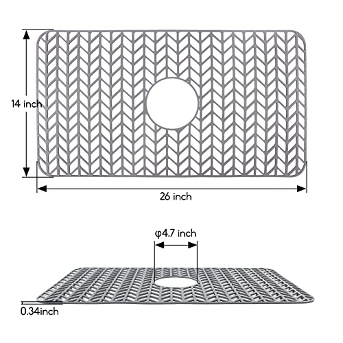 CNDSE Sink Protectors for Kitchen Sink 26'' x 14'', Non-slip Silicone Sink Mats for Bottom of Kitchen Sink,Grey Kitchen Sink Mats for Farmhouse Stainless Steel Ceramic Sink,Center Hole Sink Mat(2)