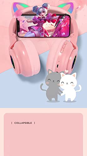 Headset Cat Ears Bluetooth Earphone Wireless Gaming Noise Cancelling 8 Hours with Mic USB Virtual Reality Detachable Cute Luminous Mouse Ear Rainbow RGB Flashing Light On-Ear Headphone (Pink) (ER-1)