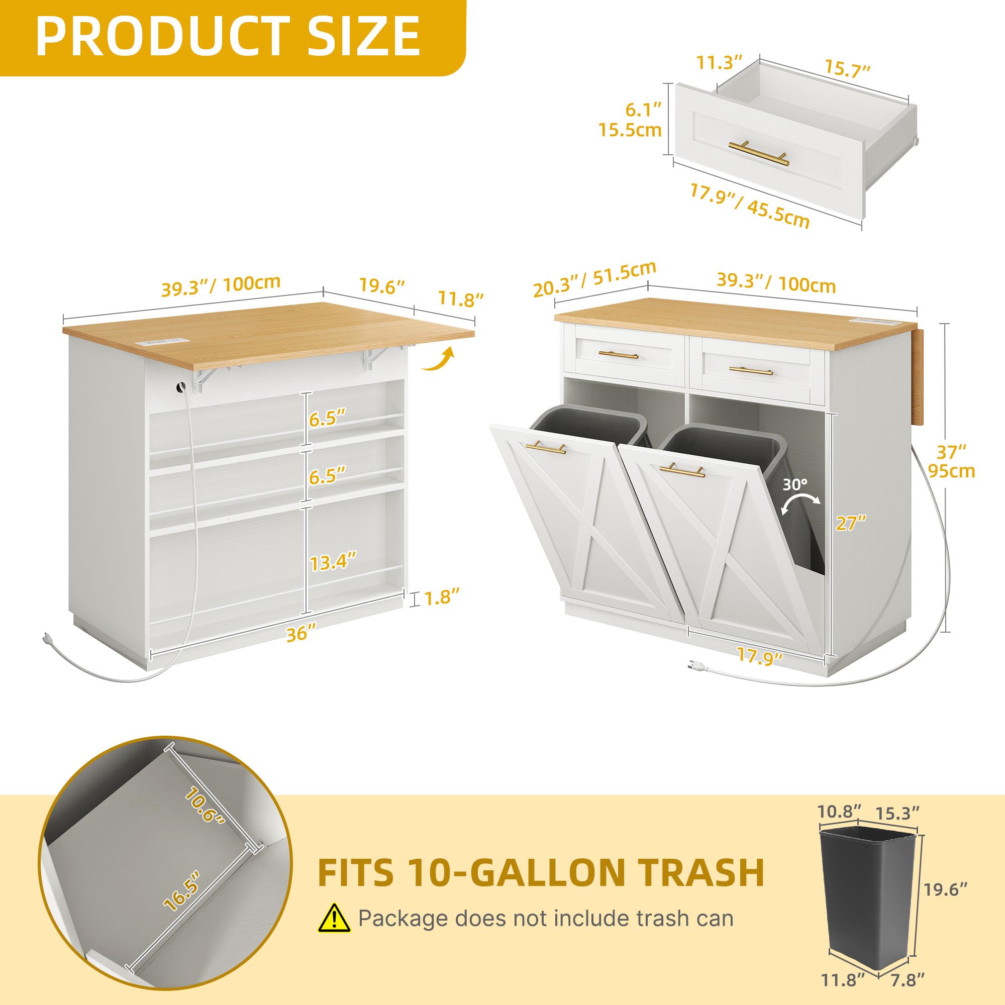 DWVO Kitchen Island with Double Tilt Out Trash Can Storage Cabinet & Drop Leaf, Rolling Portable Islands Table with Power Outlet Wheel Drawer Hidden 10 Gallon Garbage Bin Storage, White Oak