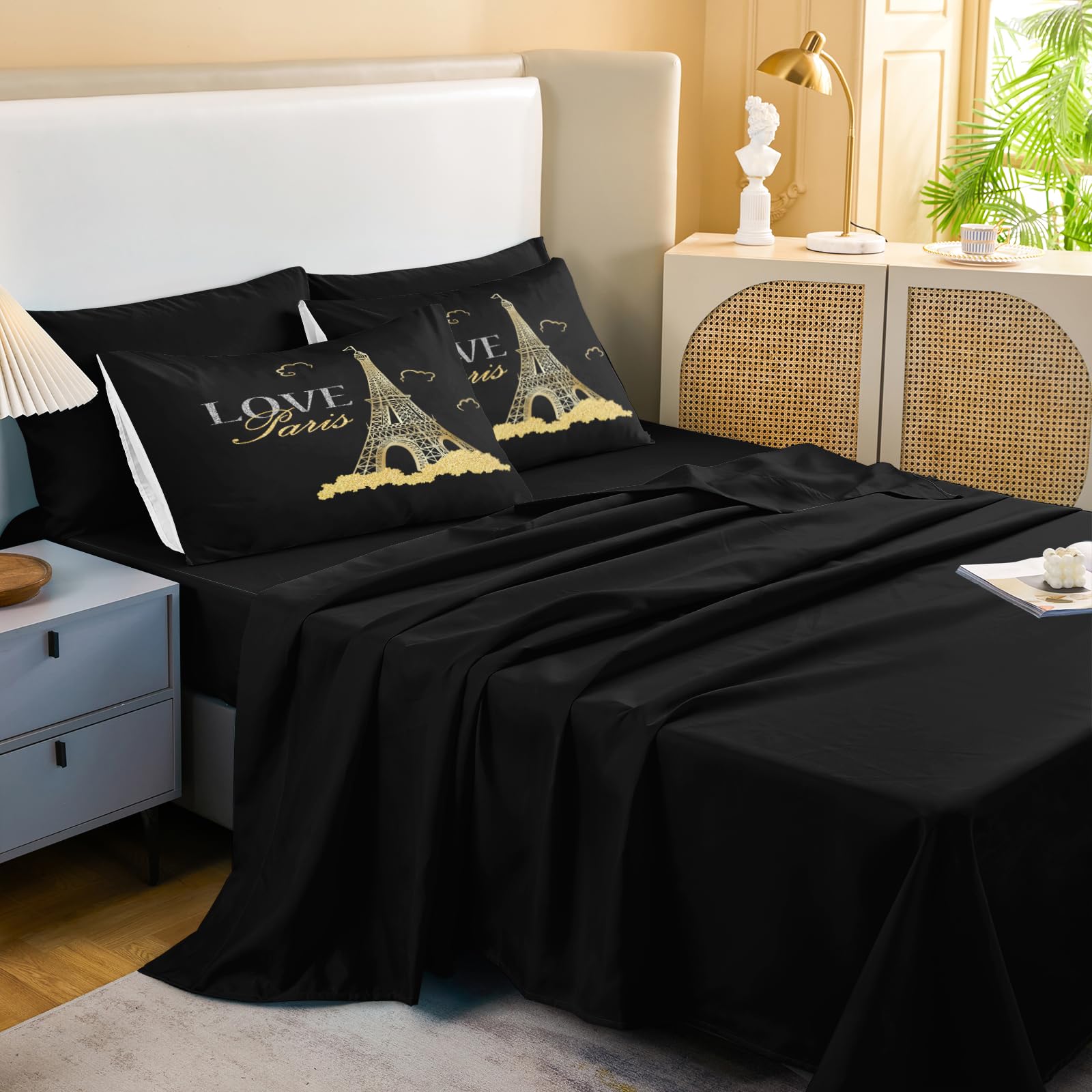 Black and Gold Comforter Set Queen Black Bed in a Bag 8 Pieces Boho Hippie Bedding with 1 Comforter, 1 Flat Sheet, 1 Fitted Sheet, 4 Pillowcases, 1 Cushion Cover (Queen, Marble)