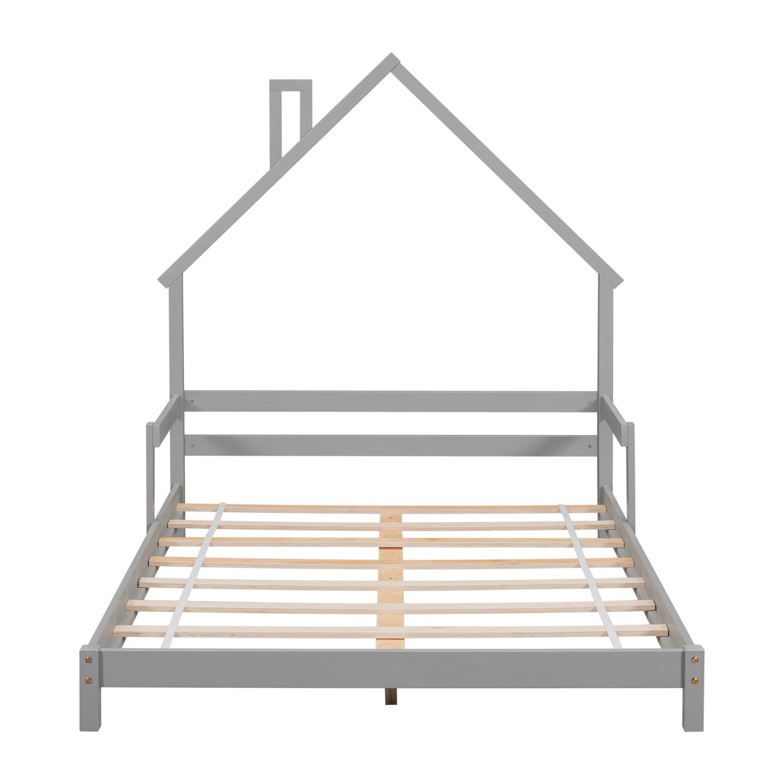Floor Bed for Kids, Full Size Montessori Bed with House Shape Headboard, Wood House Bed with Slats for Boys Girls, Low Platform Bed, No Box Spring Needed, Gray