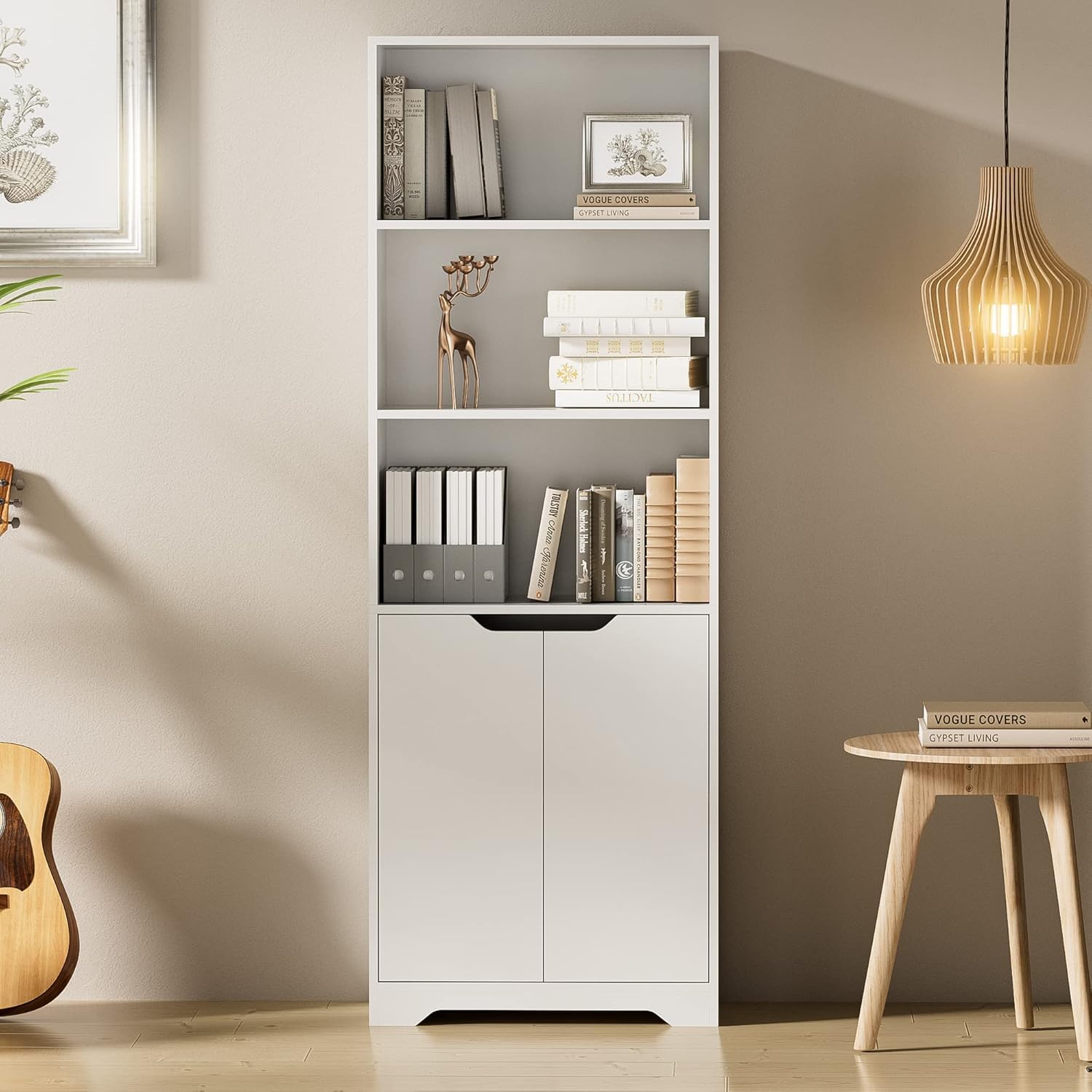 Cozy Castle Bookcase with Doors, 67" Bookshelf with Storage, Freestanding Book Shelf Door for Bedroom, Living Room, Office, White