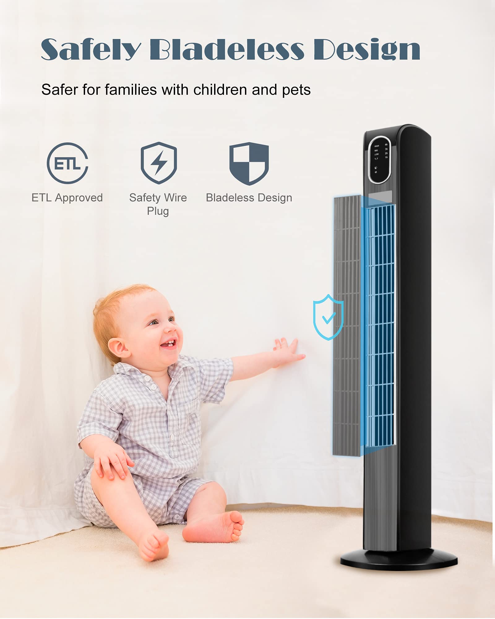 Uthfy Electric Standing Tower Fan,34'' Oscillating Tower Fan with Remote, Floor Fan for Bedroom Office and Home,Quiet Cooling Fan,Portable Bladeless Tower Fan with LED Display,Black
