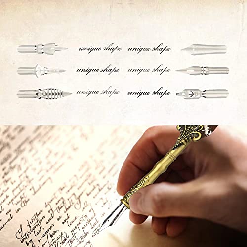hhhouu Feather Pen and Ink Set, Quill Pen Set Antique Dip Pen with Ink and 6 Replacement Nibs 6pcs Nibs Calligraphy Pens for Beginners HO-Q-300