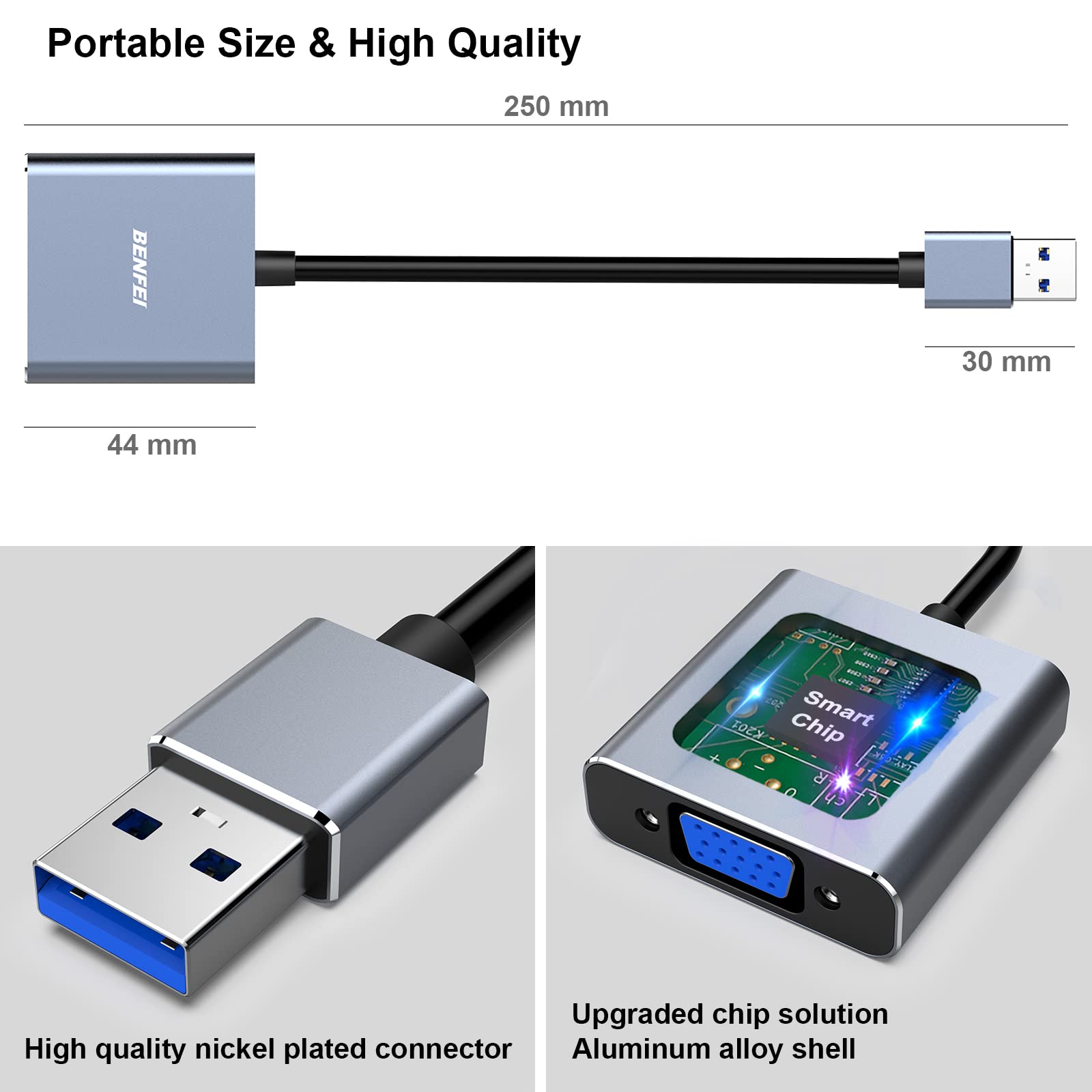 BENFEI USB 3.0 to VGA Adapter, USB 3.0 to VGA Male to Female Adapter for Windows 11, Windows 10, Windows 8.1, Windows 8, Windows 7(Not for Mac)