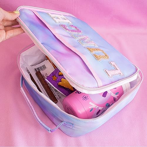 FROG SAC Kids Lunch Bag for Girls, Reusable Insulated Preppy Tie Dye Glitter Varsity Letter Patch Lunch Box, Cute Soft Back to School Tween Lunchbox