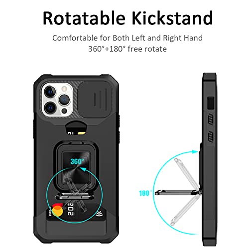 Nvollnoe for iPhone 12/12 Pro Case with Sliding Camera Cover and Card Holder Heavy Duty Protective iPhone 12 Case with Ring Magnetic Kickstand Phone Case for iPhone 12/12 Pro(Black)