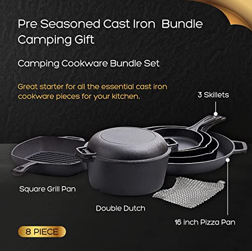 Bruntmor Pre Seasoned Kitchen Utensils Set Durable Cast Iron 8 Pc Bundle Pots And Pans Set Double Dutch Oven, 16" Pizza Pan, 3 Cast Iron Skillets & Square Grill Pan, Frying Pan| Giftable Cookware Set