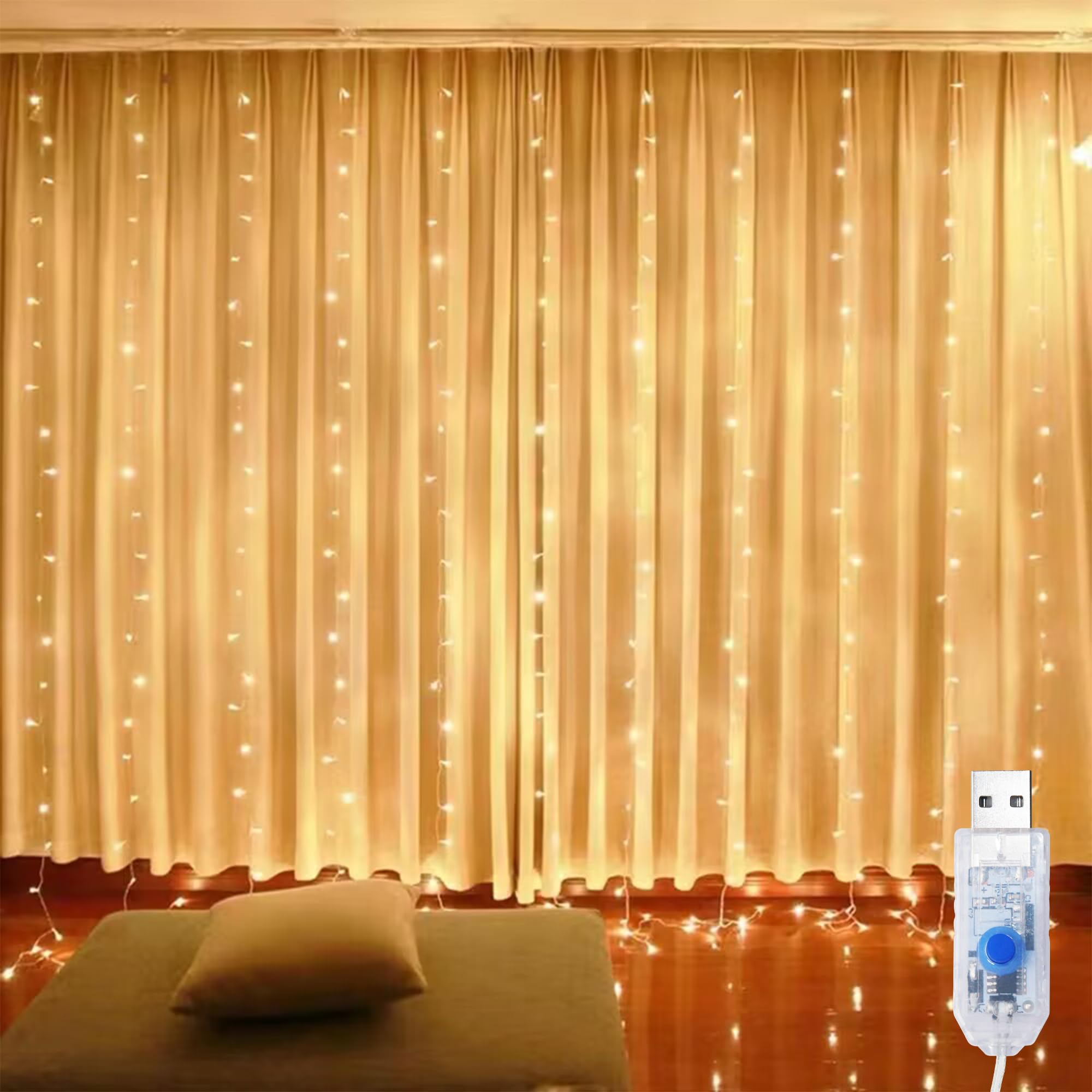 YAQIMIYA 300 LED Fairy Curtain Lights Plug in 10x10FT,8 Modes Window Wall Hanging Curtain String Lights for Bedroom Wedding Party Indoor Outdoor Decoration (Warm White)