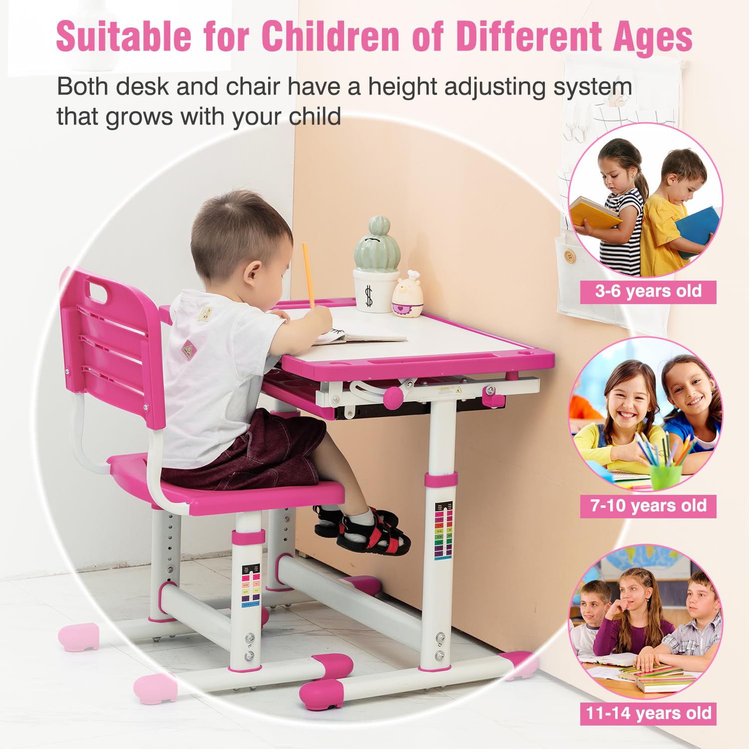 PayLessHere Kids Desk and Chair Set,Height Adjustable Study Desk for Kids with Pull Out Drawer Storage,Multi-function Study Desk and Chair for Writing, Reading and Drawing (Pink)