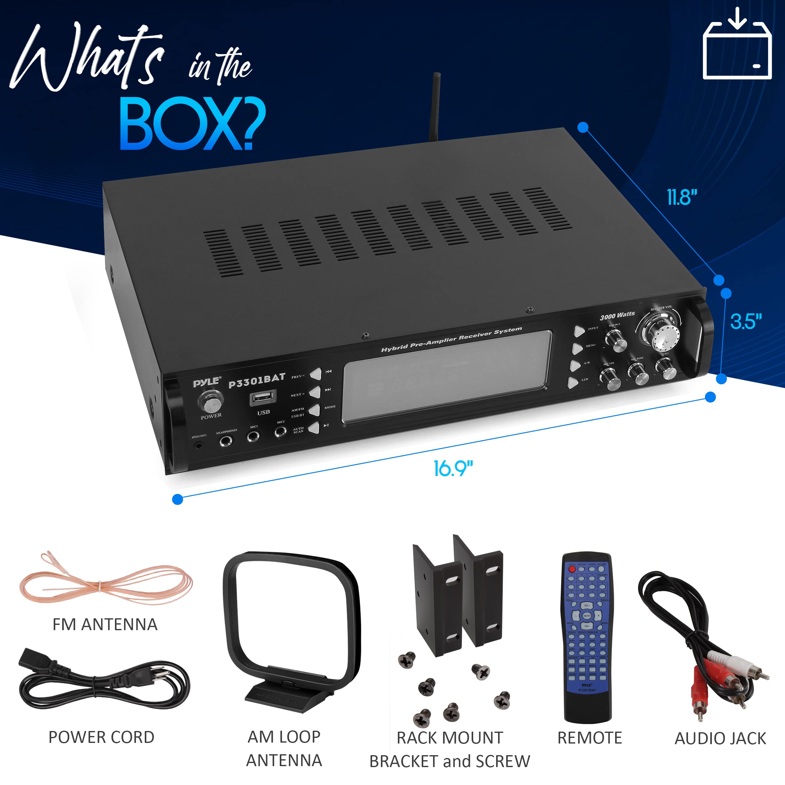 Pyle Wireless Bluetooth Home Stereo Amplifier- Hybrid Multi-Channel, 3000W Power Amplifier, Home Audio Receiver System w/ AM/FM Radio,MP3,USB, AUX, RCA, Karaoke Mic in, Rack Mount, Remote- P3301BAT.5