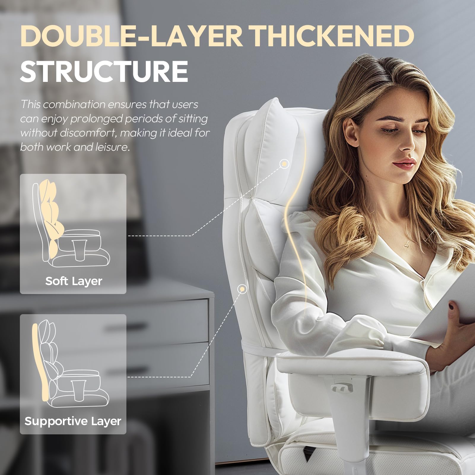 Dowinx Big and Tall Office Chair with Pocket Spring Cushion and Lumbar Support,High Back Computer Gaming Chair with Adjustable Armrests,Executive Desk Chair with Footrest,(PU Leather, White)