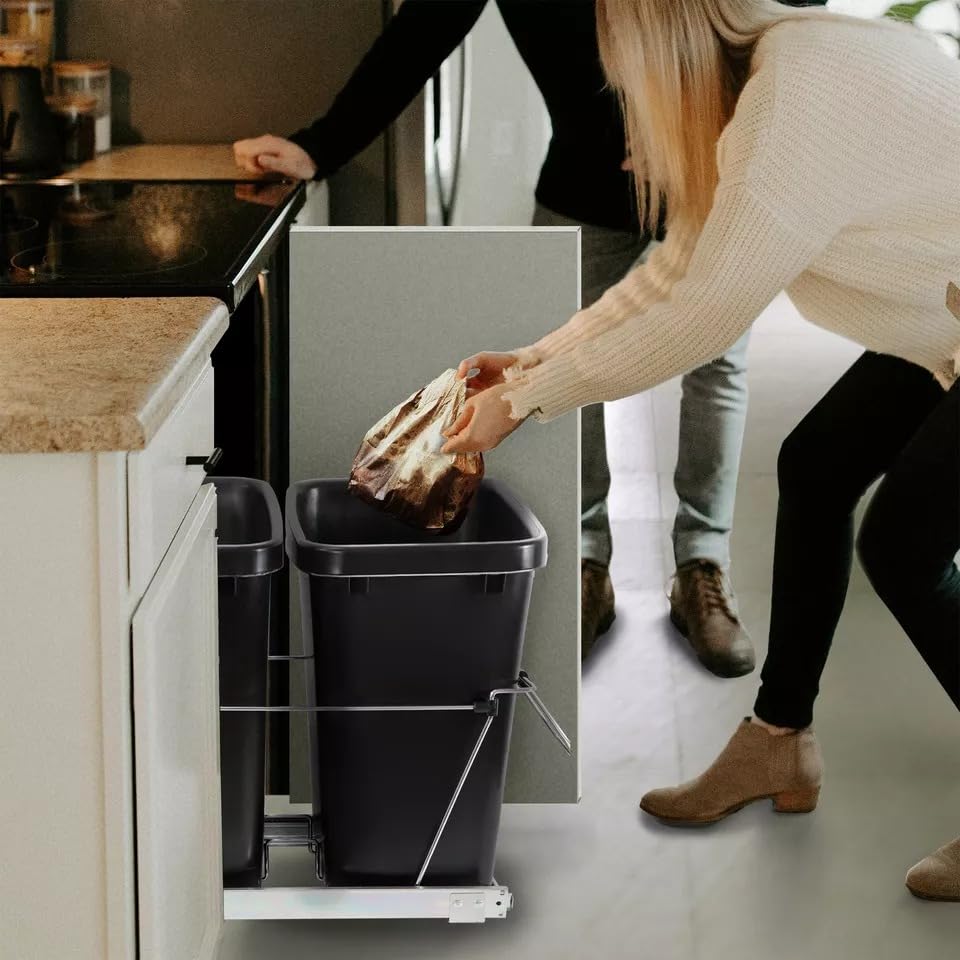 Denominate Double Pullout Kitchen Trash Can - Under Counter Sliding Waste Bin - 35 Quarts Capacity - Space-Saving Storage Solution