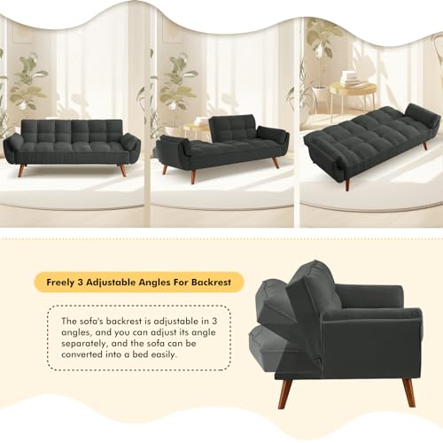 Wonder Comfort Linen Futon Sofa Bed Loveseat, Adjustable Backrest Convertible Sleeper Reclining Couch with Tapered Wood Legs, Dark Gray