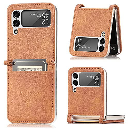 NVYRO Phone Case for Samsung Galaxy Z Flip 4 Coque PU Leather Cover Ultra Thin Card Back Cover,Brown,for Z Flip 4 5G