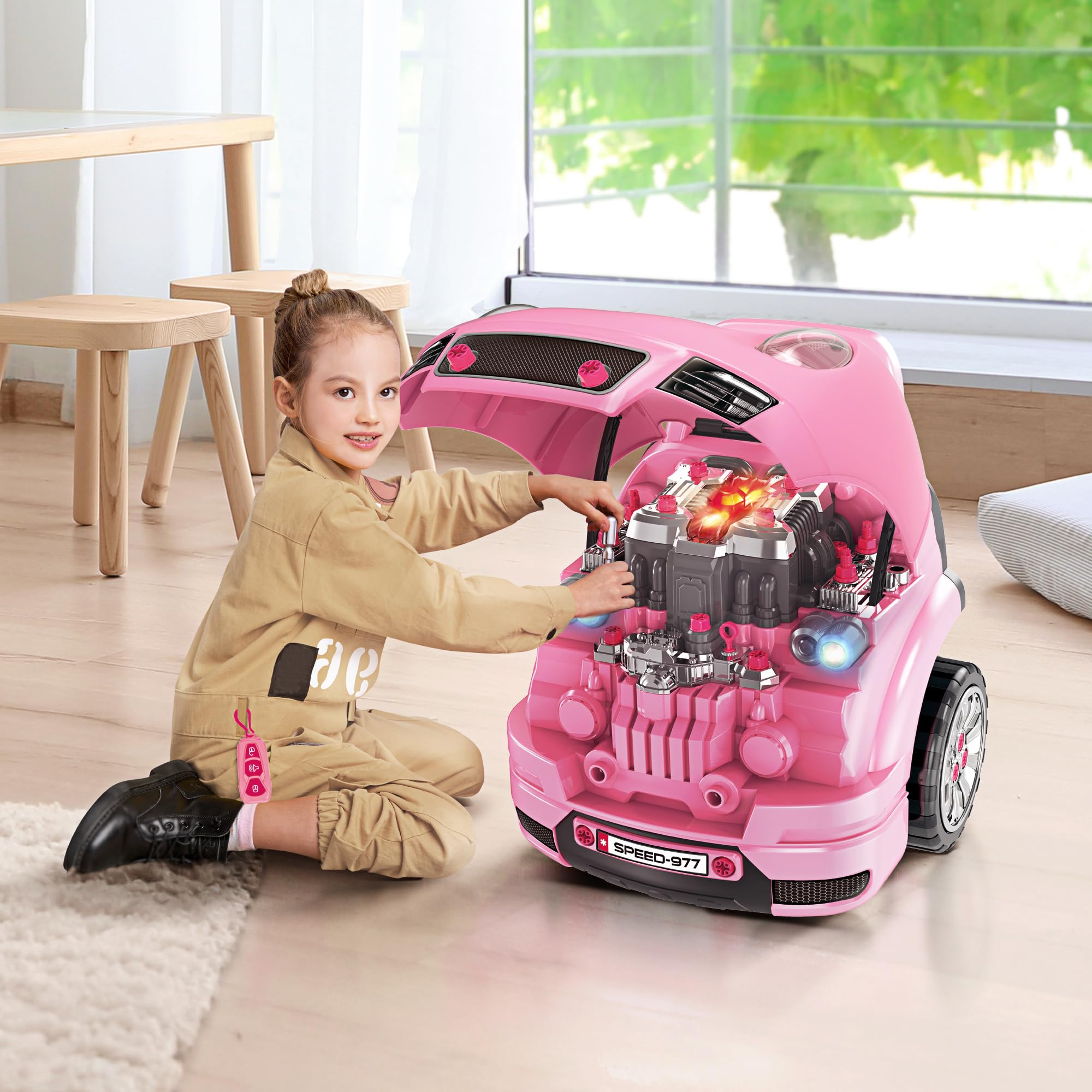 Qaba Kids Truck Engine Toy, Kids Mechanic Car Repair Set, Engine Disassembly Play Workshop, Includes 61 Pieces, Steering Wheel, Horn, Light for 3-5 Years Old, Red