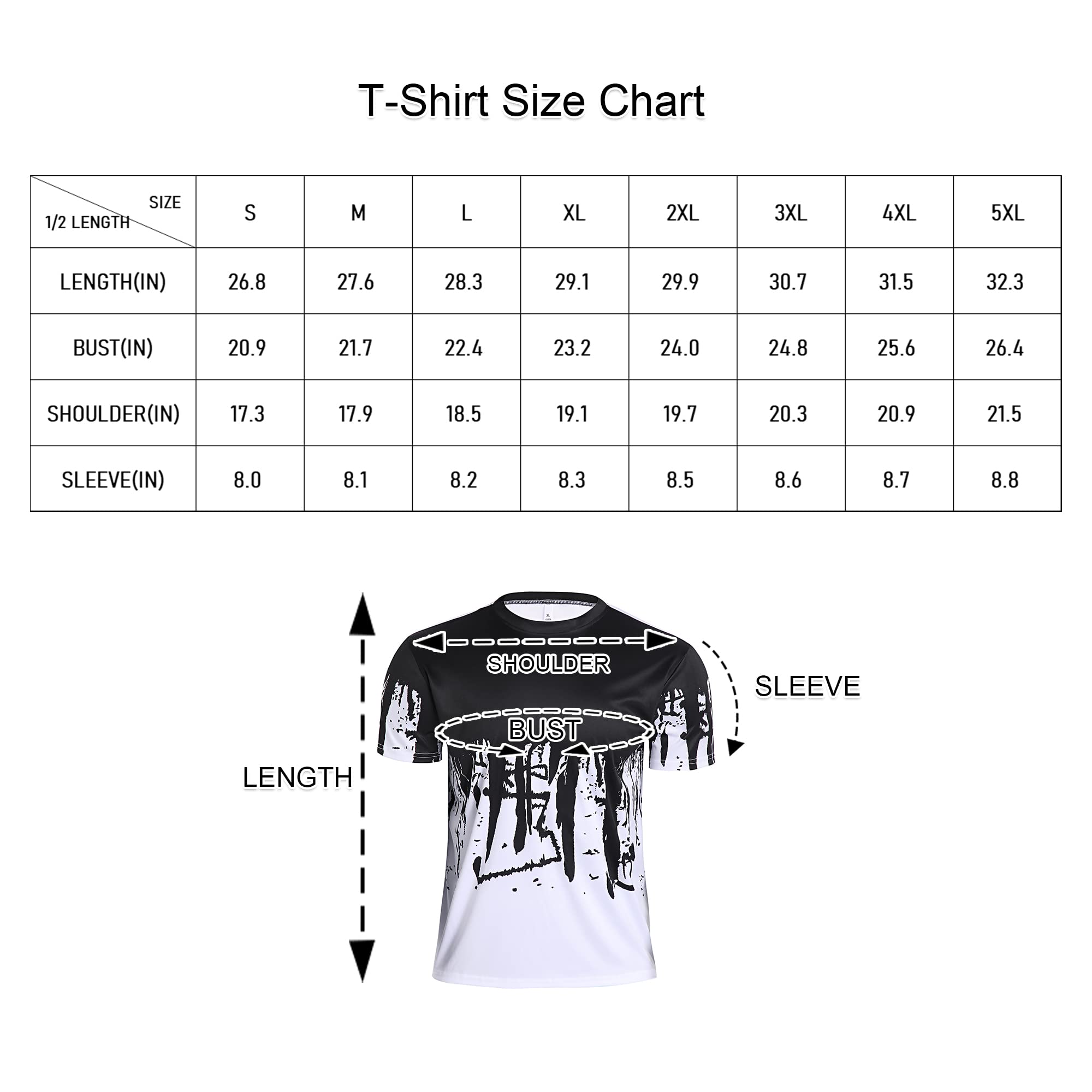 CenConel Men's Graphic T-Shirts Short-Sleeve Dry Fit Workout Athletic Running Gym Casual Tee Shirts,Black and White,5XL