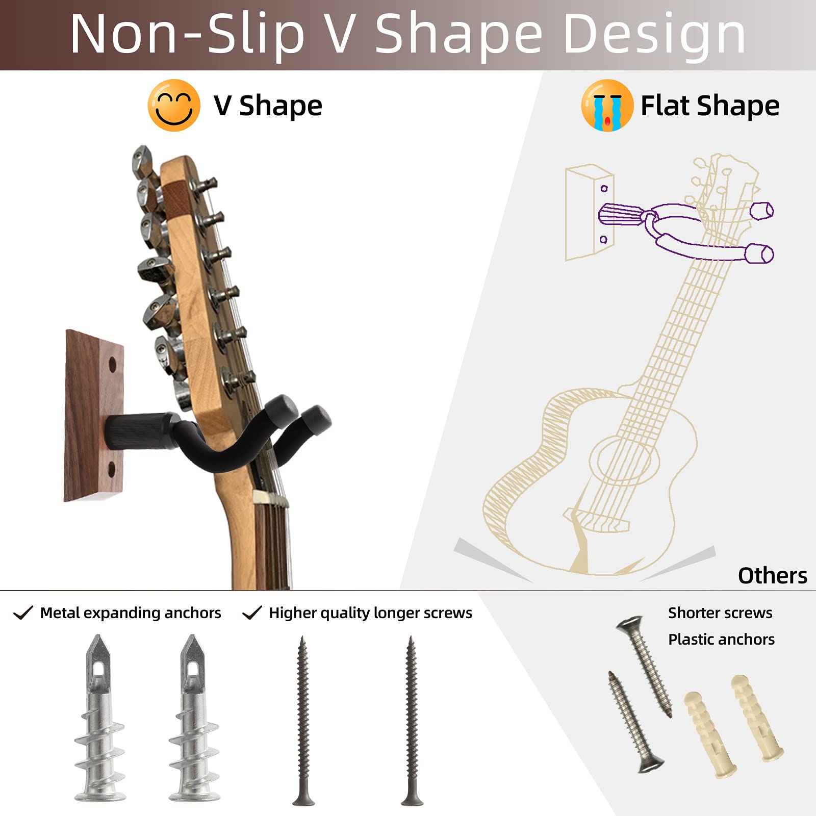 VEINTICO Guitar Wall Hanger, Guitar Wall Mounts 2 Pack, Guitar Hanger Hook Bracket Holder for Acoustic and Electric Guitars Bass Banjo Mandolin, Black Walnut Wood base